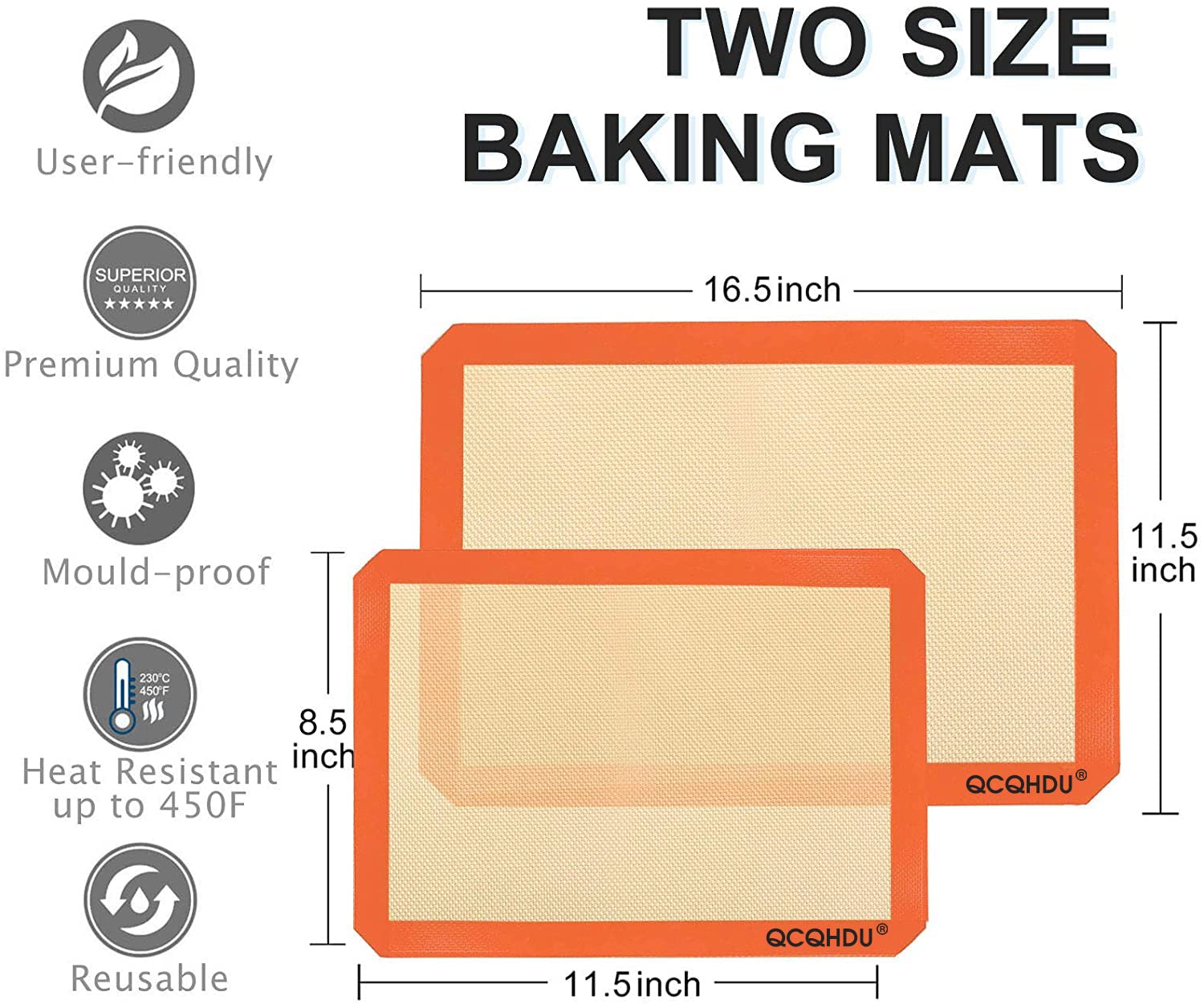 Silicone Baking Mat Set of 4-2 Half Sheet (11-5/8" x 16-1/2") 2 Quarter Sheet (8-1/2" x 11-1/2")，100% Non-Stick Reusable Food Safe Tray Pan Sheet Liners With Macaron, Pastry, Cookie (Orange)