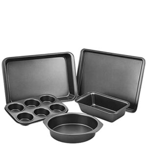 alpine cuisine baking set 5-piece - nonstick carbon steel bakeware set - grey baking sets for kitchen, includes loaf pan, round pan, 6 cup muffin pan, roaster pan, cookie sheet, dishwasher safe