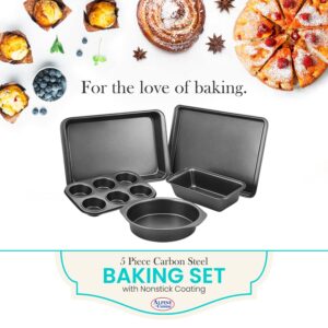 Alpine Cuisine Baking Set 5-Piece - Nonstick Carbon Steel Bakeware Set - Grey Baking Sets for Kitchen, Includes Loaf Pan, Round Pan, 6 Cup Muffin Pan, Roaster Pan, Cookie Sheet, Dishwasher Safe