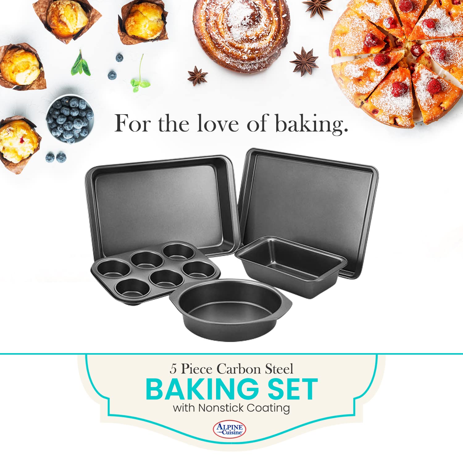 Alpine Cuisine Baking Set 5-Piece - Nonstick Carbon Steel Bakeware Set - Grey Baking Sets for Kitchen, Includes Loaf Pan, Round Pan, 6 Cup Muffin Pan, Roaster Pan, Cookie Sheet, Dishwasher Safe