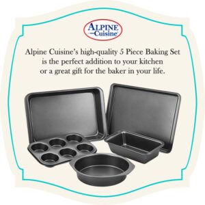 Alpine Cuisine Baking Set 5-Piece - Nonstick Carbon Steel Bakeware Set - Grey Baking Sets for Kitchen, Includes Loaf Pan, Round Pan, 6 Cup Muffin Pan, Roaster Pan, Cookie Sheet, Dishwasher Safe