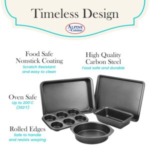 Alpine Cuisine Baking Set 5-Piece - Nonstick Carbon Steel Bakeware Set - Grey Baking Sets for Kitchen, Includes Loaf Pan, Round Pan, 6 Cup Muffin Pan, Roaster Pan, Cookie Sheet, Dishwasher Safe