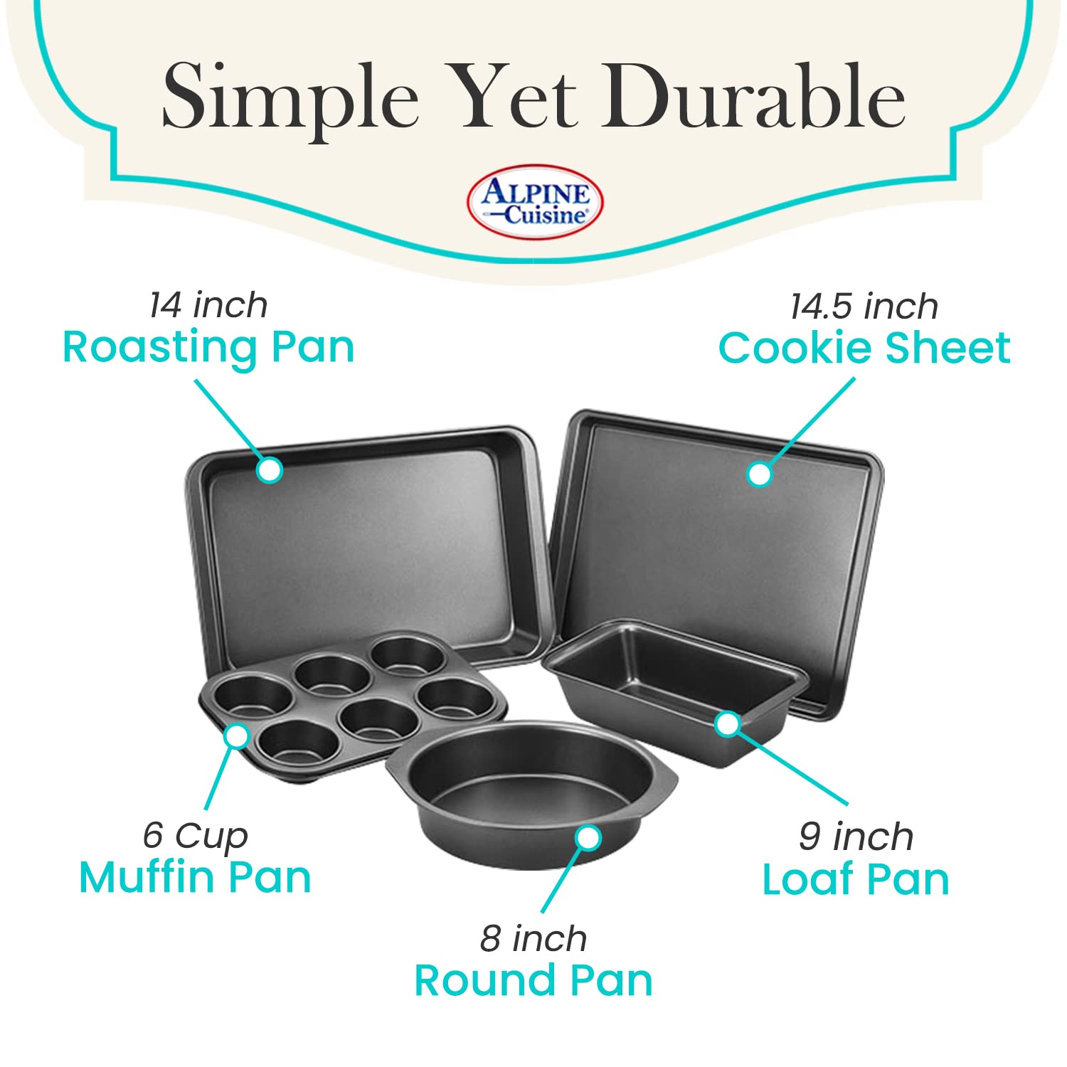 Alpine Cuisine Baking Set 5-Piece - Nonstick Carbon Steel Bakeware Set - Grey Baking Sets for Kitchen, Includes Loaf Pan, Round Pan, 6 Cup Muffin Pan, Roaster Pan, Cookie Sheet, Dishwasher Safe