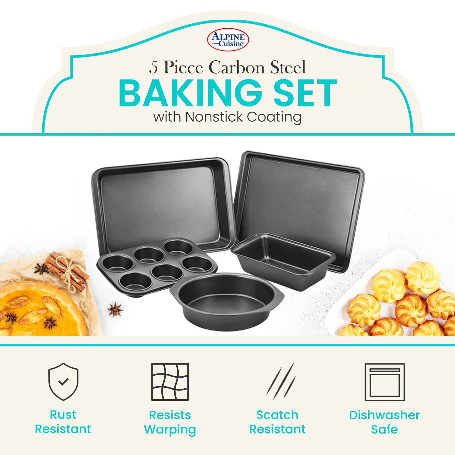 Alpine Cuisine Baking Set 5-Piece - Nonstick Carbon Steel Bakeware Set - Grey Baking Sets for Kitchen, Includes Loaf Pan, Round Pan, 6 Cup Muffin Pan, Roaster Pan, Cookie Sheet, Dishwasher Safe