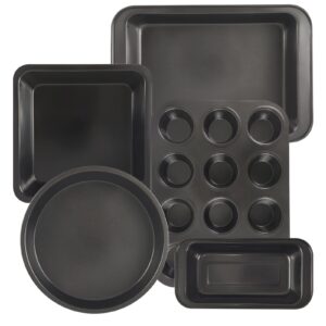 baking pans sets nonstick，5pcs bakeware sets with 12 cup cupcake muffin pan,round/square cake pan, muffin pan, loaf pan, roast pan, baking sheets for oven,cookie sheets for baking,toaster oven pans