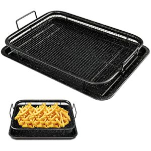 pbro 2 piece copper crisper tray,13"l x9" w oven pan,non stick baking tray,oven baking pan & mesh basket set,air fryer pan,microwave bacon tray,french fries basket,baking set kitchen supplies -black