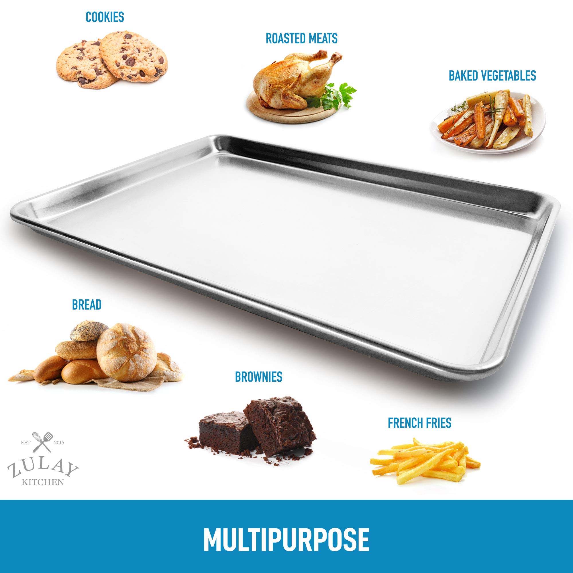 Zulay Large Aluminum Baking Pan - Half Sheet (13" x 18") Baking Sheet For Oven - Perfect Cookie Sheet For Baking, Commercial Or Home Use - Heavy Duty & Encapsulated Rim Half Sheet Pans