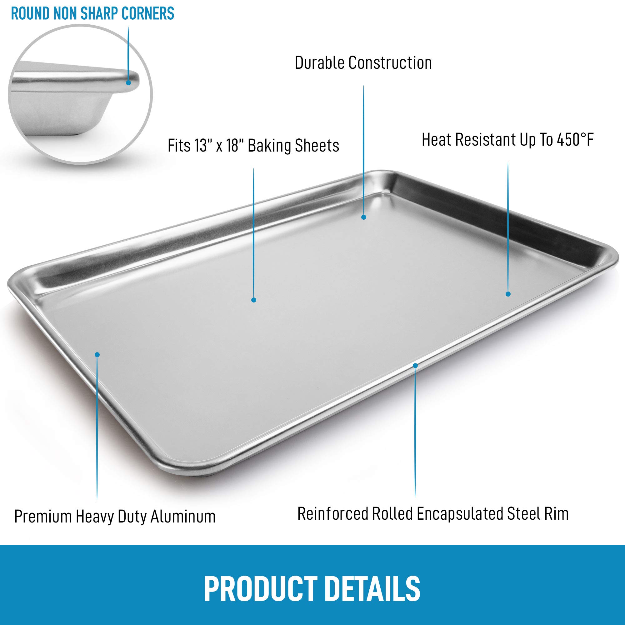 Zulay Large Aluminum Baking Pan - Half Sheet (13" x 18") Baking Sheet For Oven - Perfect Cookie Sheet For Baking, Commercial Or Home Use - Heavy Duty & Encapsulated Rim Half Sheet Pans