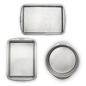 doughmakers 40056 premium quality commercial grade bakeware, set of 3 baking pans, 10 x 15 sheet, 9 x 13 pan, 9-inch round, silver, large