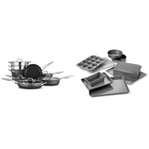 calphalon 13-piece pots and pans set, black & nonstick bakeware set, 10-piece set includes baking sheet, cookie sheet, cake pans, muffin pan, and more, dishwasher safe, silver