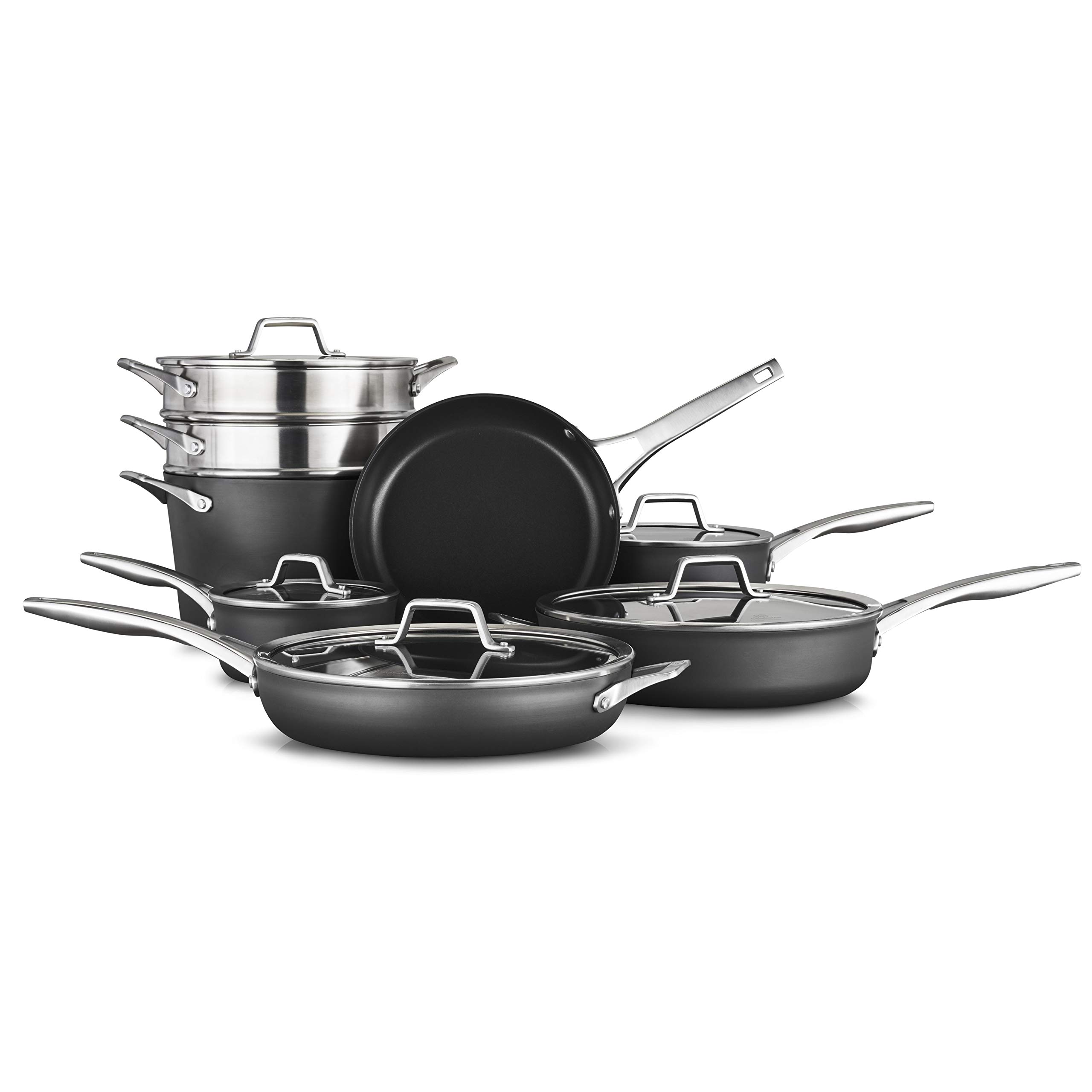 Calphalon 13-Piece Pots and Pans Set, Black & Nonstick Bakeware Set, 10-Piece Set Includes Baking Sheet, Cookie Sheet, Cake Pans, Muffin Pan, and More, Dishwasher Safe, Silver