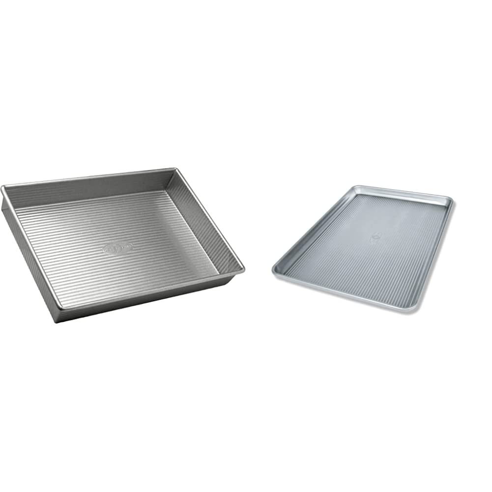 USA Pan Bakeware Rectangular Cake Pan, 9 x 13 inch, Nonstick & Quick Release Coating, Made in the USA from Aluminized Steel & Bakeware Half Sheet Pan