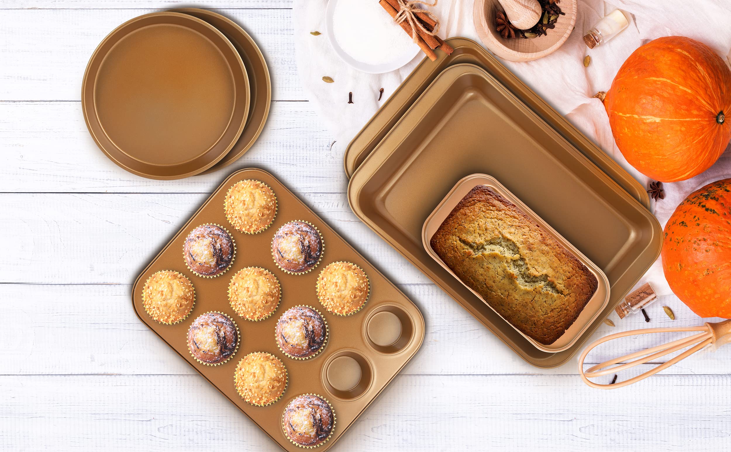 Eternal Living Copper Nonstick Bakeware Set (Cake Pans, Cupcake Tray, & Cookie Sheets, 6 Piece)