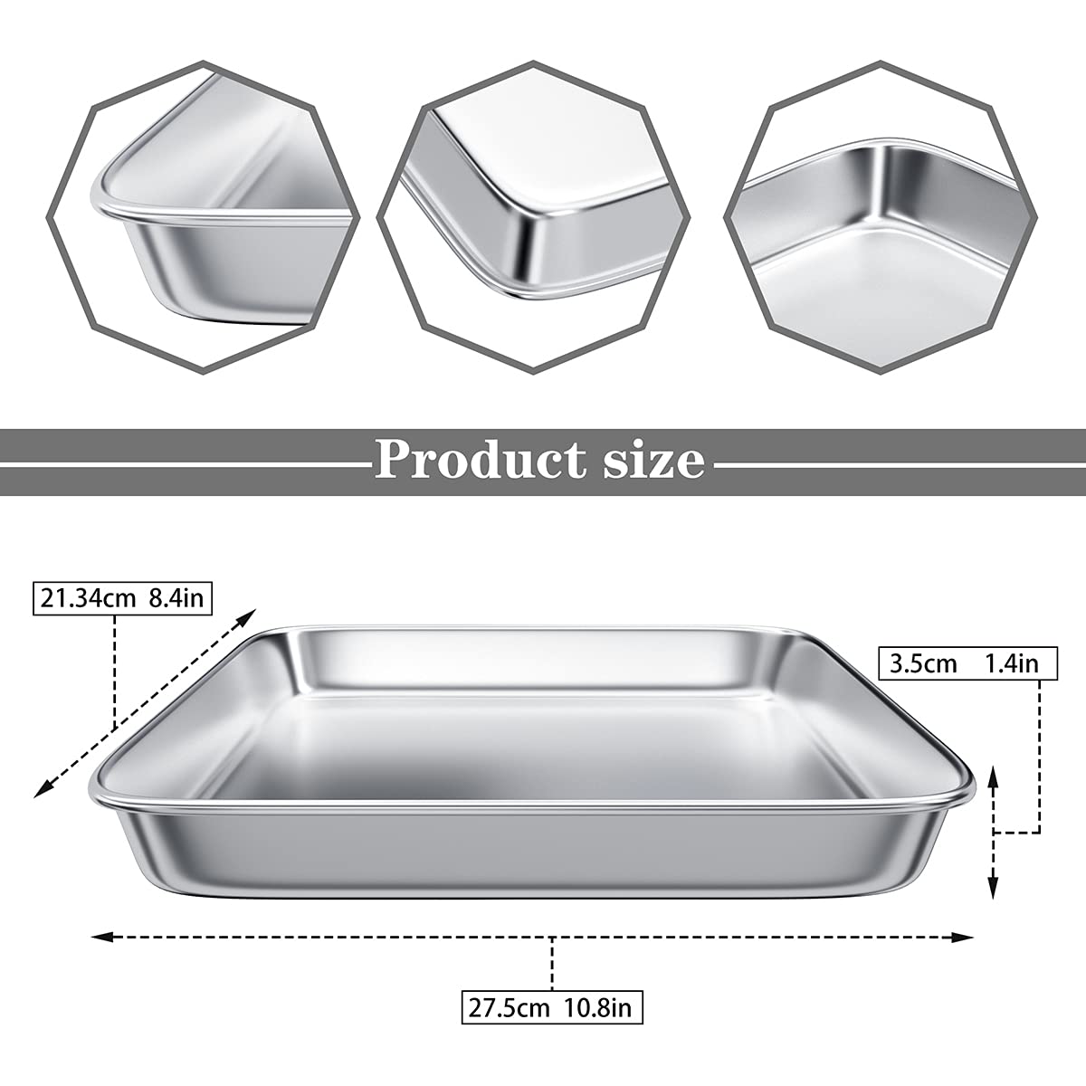 Ubrand Toaster Oven Tray Pans,Small Baking Sheet Stainless Steel Toaster Oven Baking Pan and Cookie Sheet,Rectangle Size 10.8 x 8.4 x 1.4 inch,Mirror Finish and Anti-Rust,Thick and Sturdy(2 Pieces)