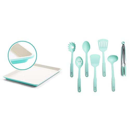 GreenLife Bakeware Healthy Ceramic Nonstick, Cookie Sheet, 18" x 13", Turquoise & Nylon Cooking Set, 7-Piece, Turquoise, 7pc Utensil, Turqouise