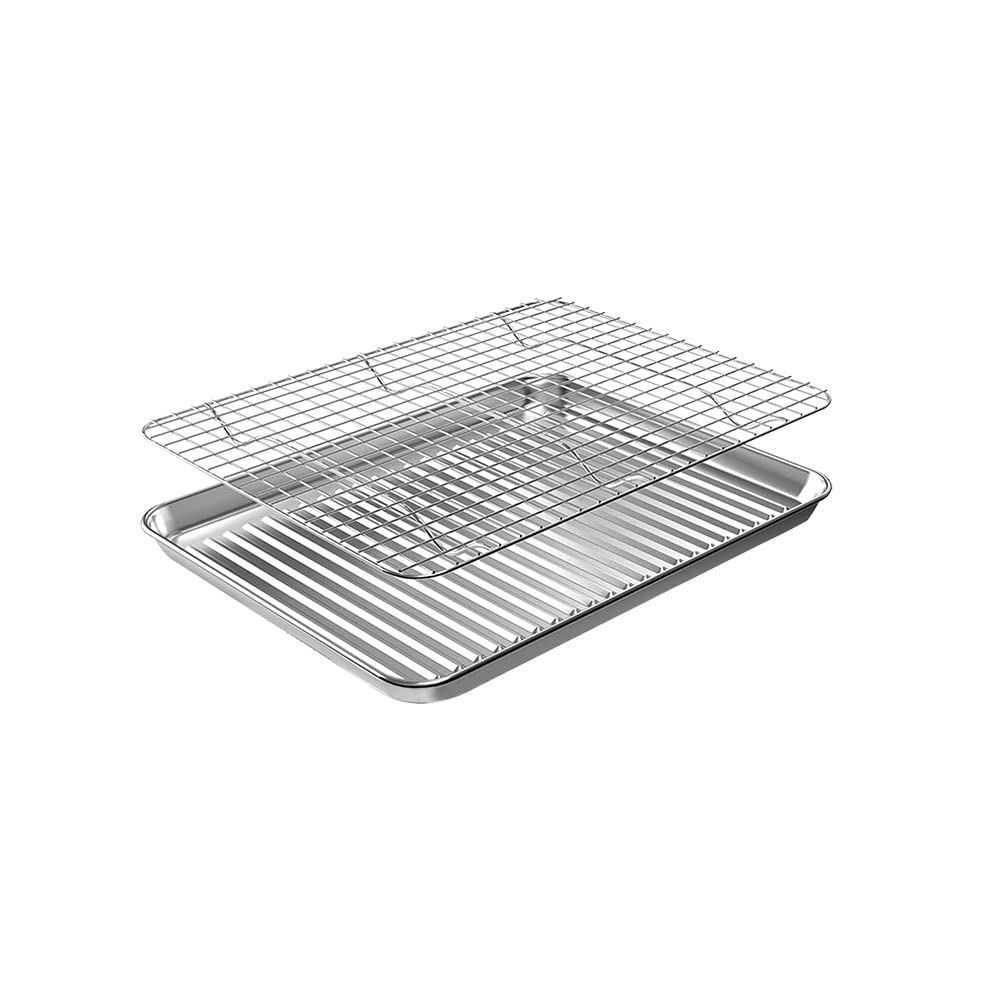 N&S Stainless Steel Baking Pan with Rack, Cookie Sheet with Cooling Rack,Baking Tray For Oven,Nonstick Baking Sheet Warp Resistant & Heavy Duty & Rust Free (M), Silver (BK252)