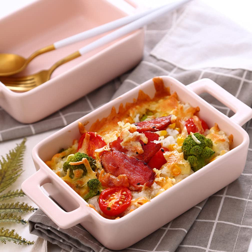 Cabilock Ceramic Baking Dish Rectangular Baking Pans with Handle Bakeware for Oven Ceramic Baking Pan Lasagna Casserole Pan (Pink)