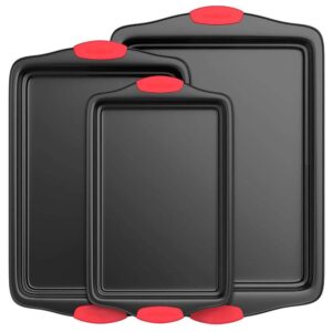 nutrichef kitchen oven non stick gray coating carbon steel 3 piece cookie sheets bakeware set with heat resistant red silicone handles (2 pack)