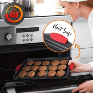 NutriChef Kitchen Oven Non Stick Gray Coating Carbon Steel 3 Piece Cookie Sheets Bakeware Set with Heat Resistant Red Silicone Handles (2 Pack)