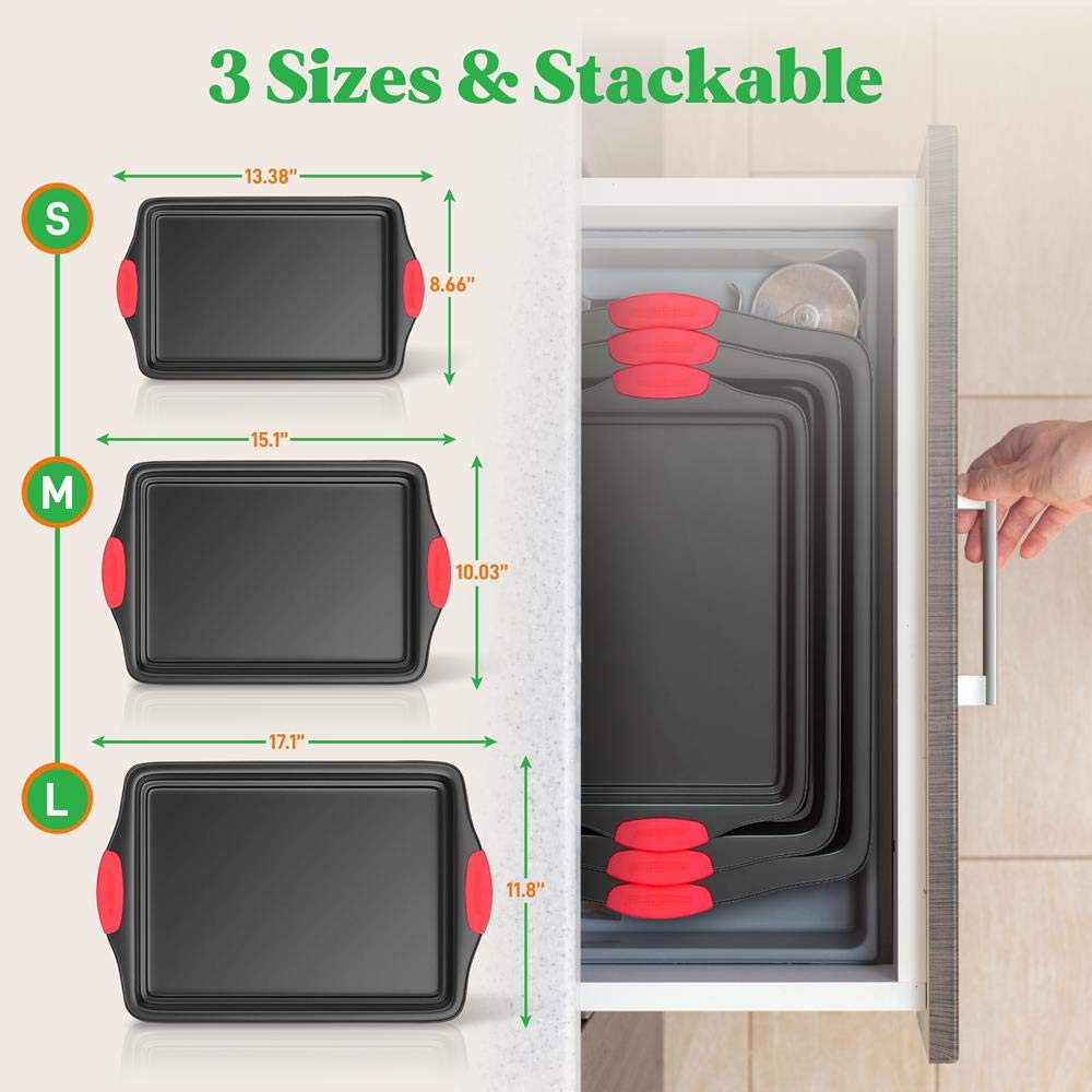 NutriChef Kitchen Oven Non Stick Gray Coating Carbon Steel 3 Piece Cookie Sheets Bakeware Set with Heat Resistant Red Silicone Handles (2 Pack)