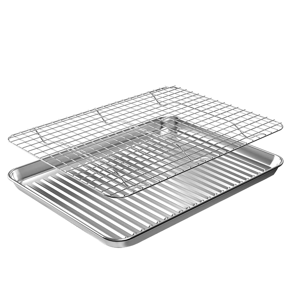 N&S AMOCWJ Stainless Steel Baking Pan with Rack , Cookie Sheet with Cooling Rack,Baking Tray For Oven,Nonstick Baking Sheet Warp Resistant & Heavy Duty & Rust Free (XL), Silver (BK252)