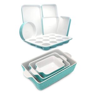 nutrichef rectangular ceramic 3 piece nonstick stain resistant kitchen bakeware pan set with 6 piece stackable ceramic baking pan sheet set