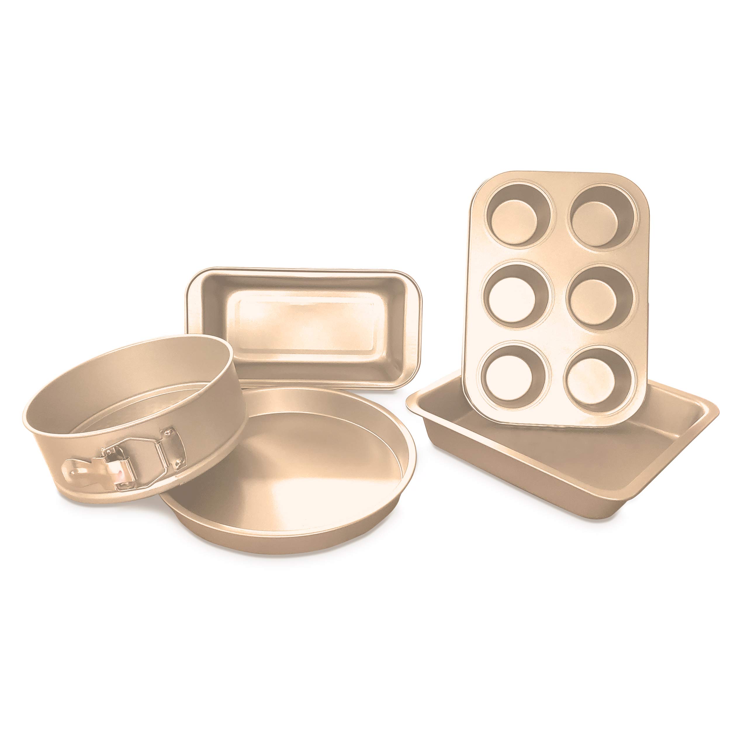 Two Moles Bakeware 5 Pcs Set. Includes Springform Cake Pan (6.25''), Muffin Pan, Square(Cookie Sheets), Rectangle Loaf Pan & 8'' Round Personal Pizza Pan