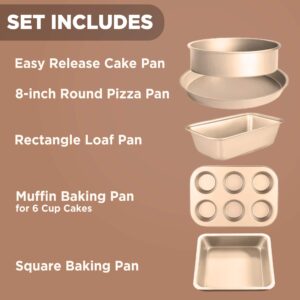 Two Moles Bakeware 5 Pcs Set. Includes Springform Cake Pan (6.25''), Muffin Pan, Square(Cookie Sheets), Rectangle Loaf Pan & 8'' Round Personal Pizza Pan