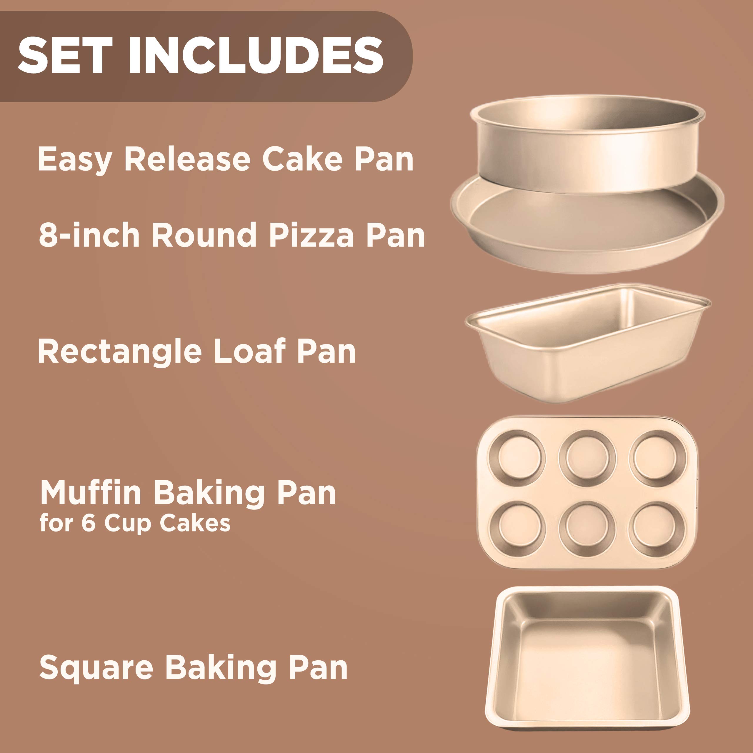 Two Moles Bakeware 5 Pcs Set. Includes Springform Cake Pan (6.25''), Muffin Pan, Square(Cookie Sheets), Rectangle Loaf Pan & 8'' Round Personal Pizza Pan