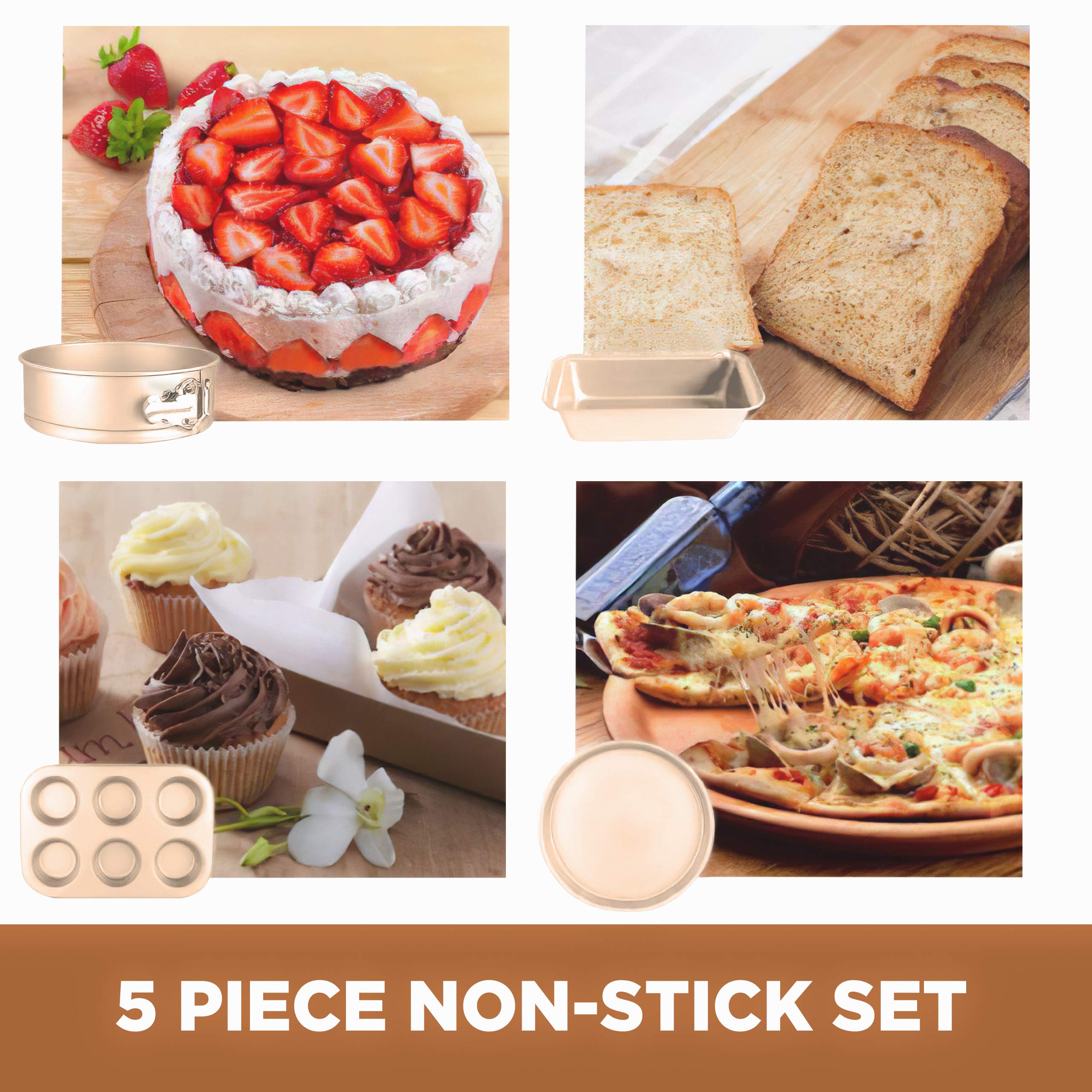 Two Moles Bakeware 5 Pcs Set. Includes Springform Cake Pan (6.25''), Muffin Pan, Square(Cookie Sheets), Rectangle Loaf Pan & 8'' Round Personal Pizza Pan