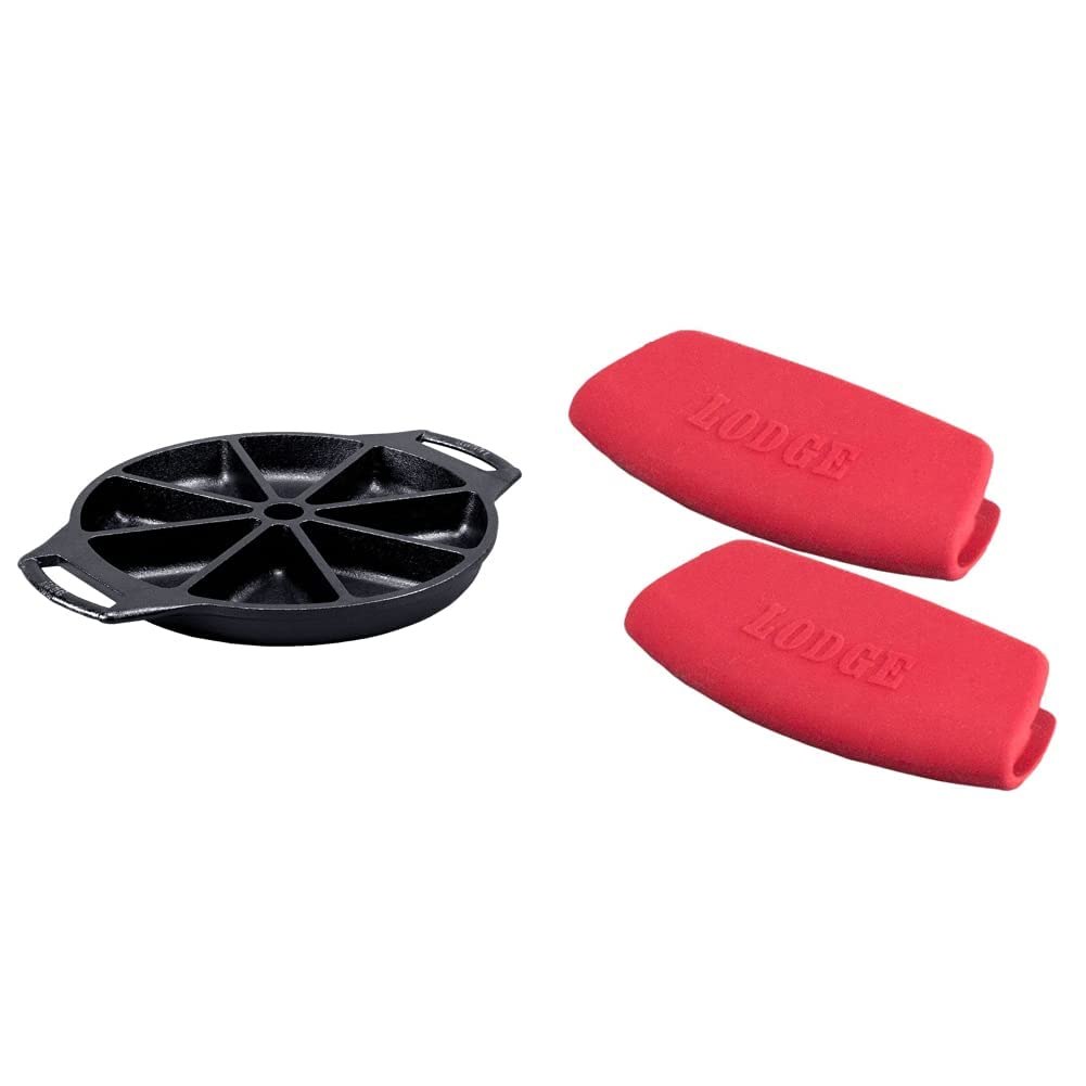 8 Impressions Cast Iron Wedge Pan & ASBG41 Bakeware Silicone Grips, Red, Set of 2, One Size