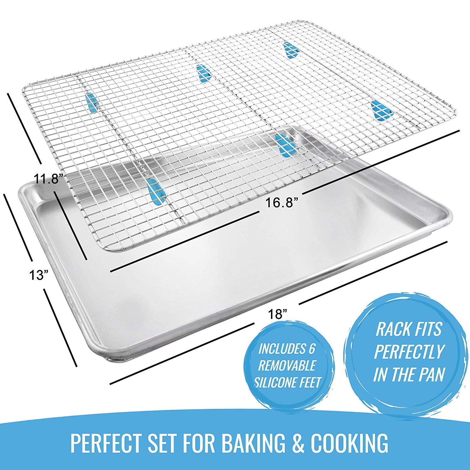 KPKitchen Silicone Baking Mats Set of 5 and Baking Sheet with Rack Set - 2 Half Sheets Mats + 1 Quarter Sheet Liner + 1 Round & 1 Square Cake Mat - Aluminum Pan + Stainless Steel Cooling Rack