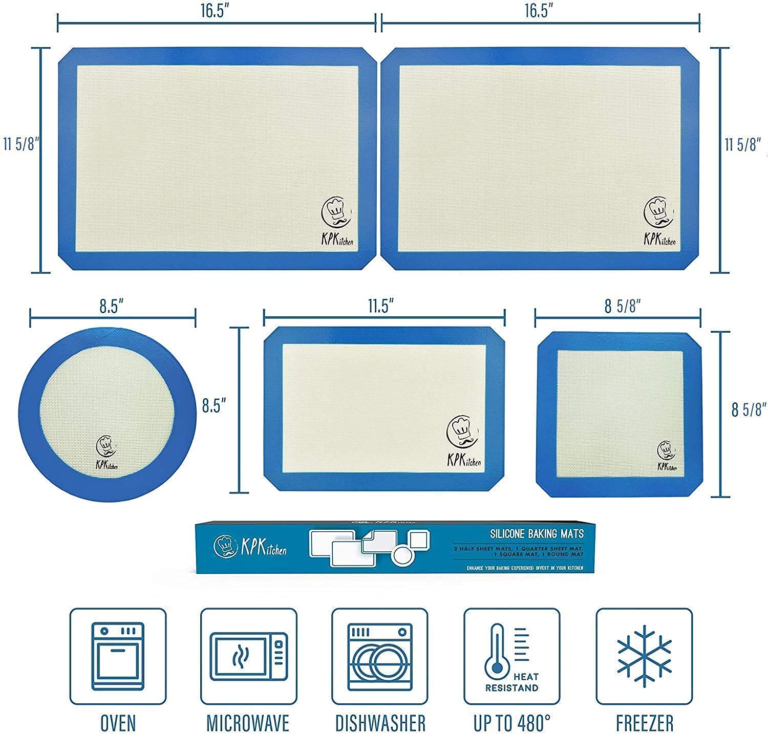 KPKitchen Silicone Baking Mats Set of 5 and Baking Sheet with Rack Set - 2 Half Sheets Mats + 1 Quarter Sheet Liner + 1 Round & 1 Square Cake Mat - Aluminum Pan + Stainless Steel Cooling Rack