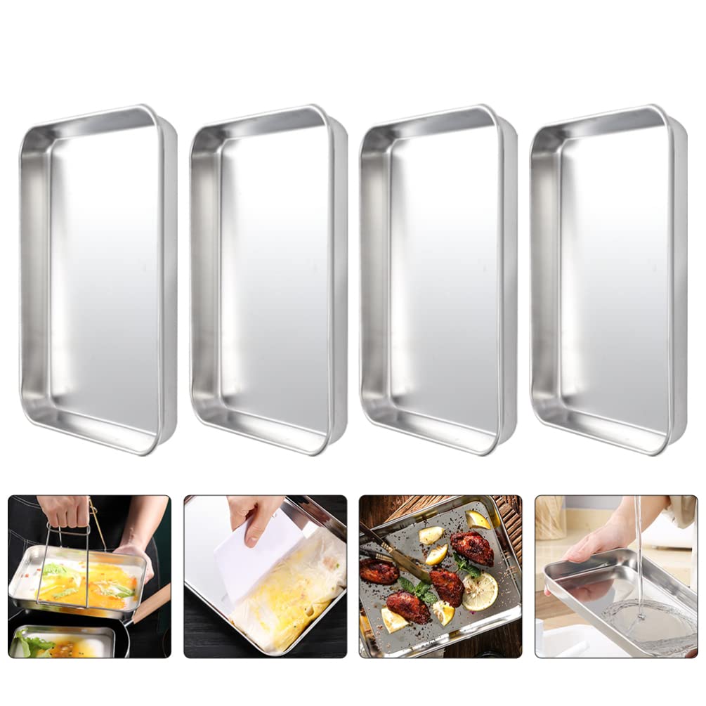 BESTonZON 4pcs Baking Sheets Stainless Steel Baking Pan Tray Cookie Sheet Oven Pan Food Tray Metal Dinner Dish for Lunch Dinner Camping Cooking Roasting Silver