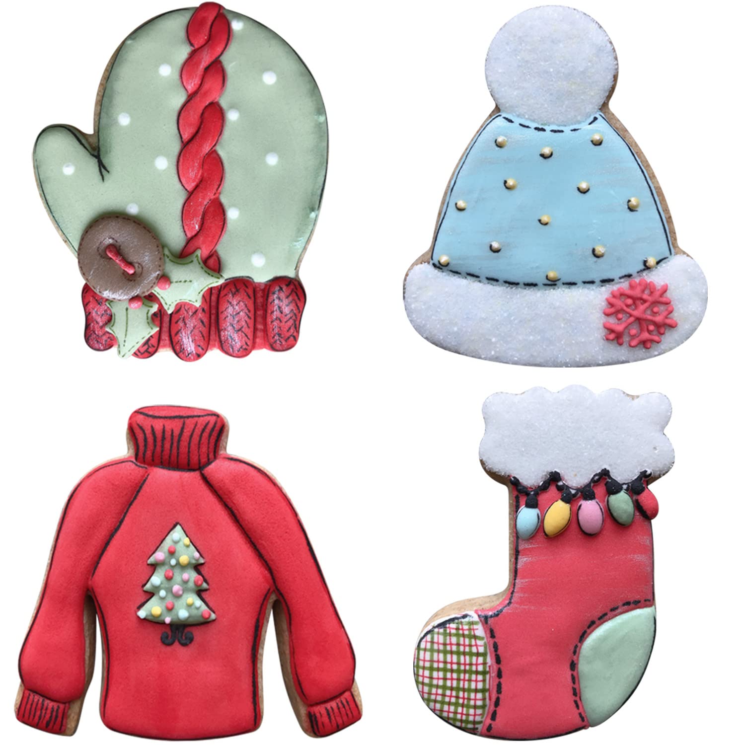 LILIAO Winter Holiday Christmas Cookie Cutter Set - 4 Piece - Ugly Sweater, Stocking, Hat and Mitten Fondant Biscuit Cutters - Stainless Steel