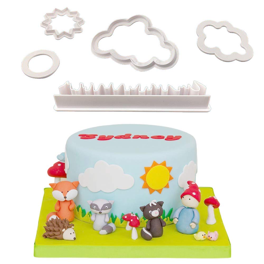 Nature Fondant Cutter Set- Sun, Clouds, Grass, Fire Plastic Gumpaste Cookie Cutter Mold for Baby Shower Cake Topper Decorating Sugar Craft