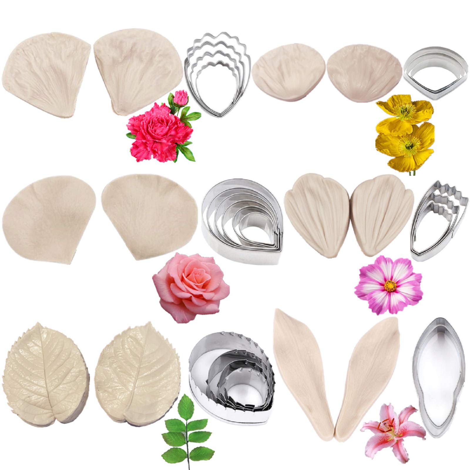 12set Gum Paste Flower Tools Kit- Flower Silicone Veining Mold and Stainless Steel Flower Cutter Fondant Cookie Flower Sugarcraft Making tools for Wedding,Birthday Cake Decorating