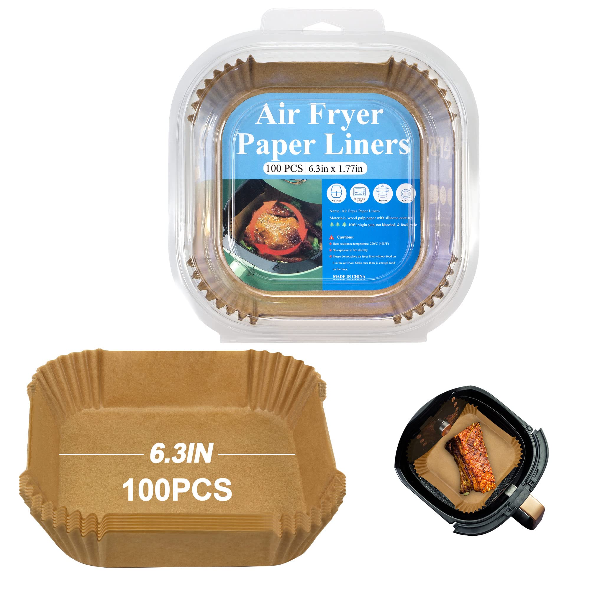 Air Fryer Disposable Paper Liner, 6.3 Inch 100PCS Square, Non-Stick Baking Paper, Oil Proof, Water Proof, Food Grade Parchment for Baking Frying Microwave Steam