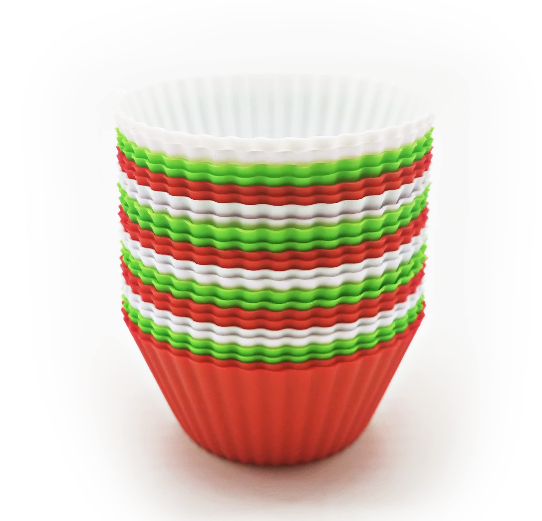 Silicone Cupcake Baking Cups - 24 Pieces Reusable, Muffin Liners, White, Red and Green, BPA Free, Dishwasher Safe MyFurtive Baking Cups, 100% Food Grade Premium Silicone