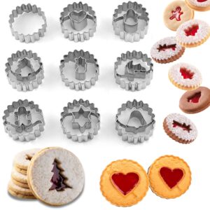 crethinkaty 9 pcs mini christmas linzer cookie cutters set, christmas stainless steel cookie cutters, christmas tree, gingerbread man, snowman, elk - for christmas winter holiday baking