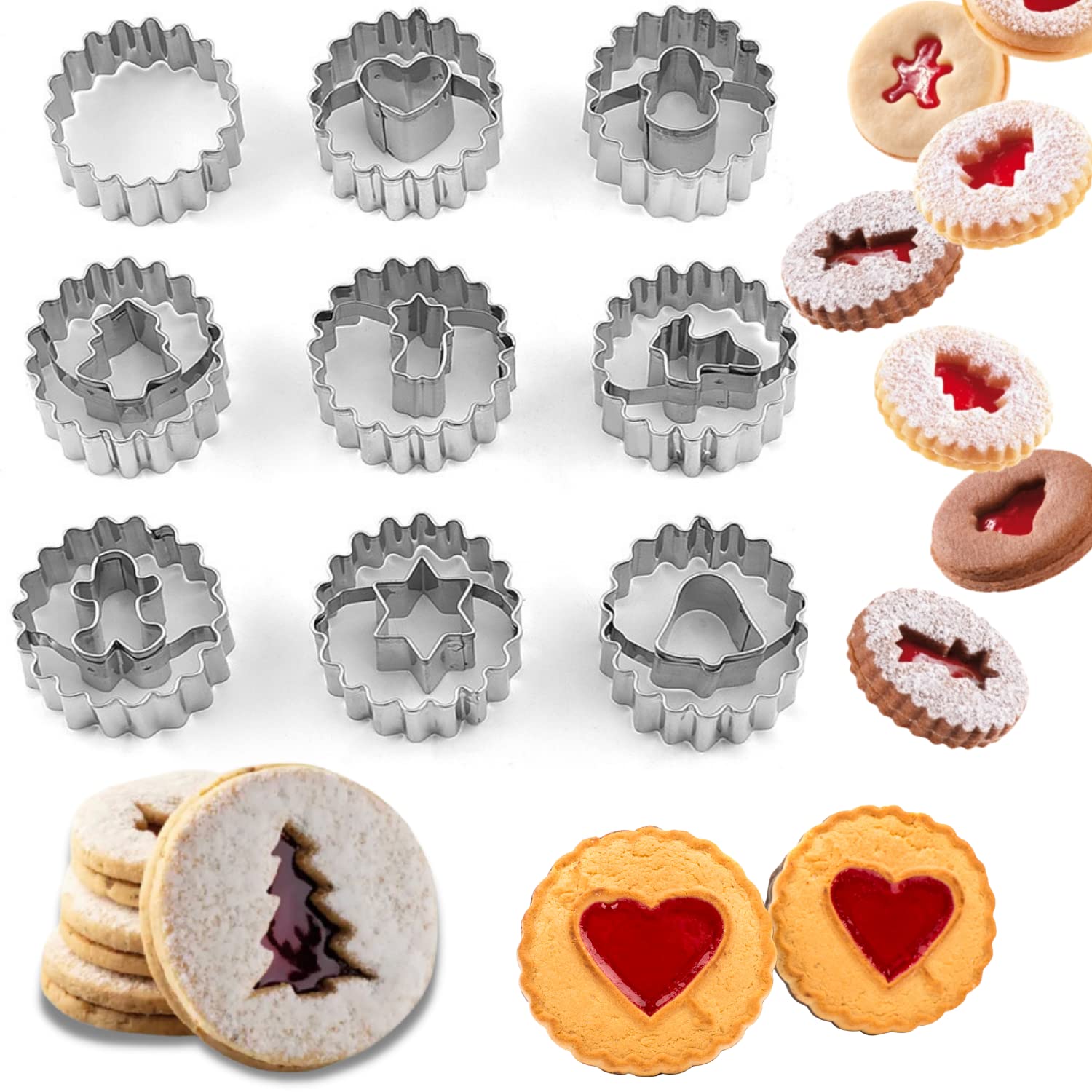 Crethinkaty 9 Pcs Mini Christmas Linzer Cookie Cutters Set, Christmas Stainless Steel Cookie Cutters, Christmas Tree, Gingerbread Man, Snowman, Elk - for Christmas Winter Holiday Baking