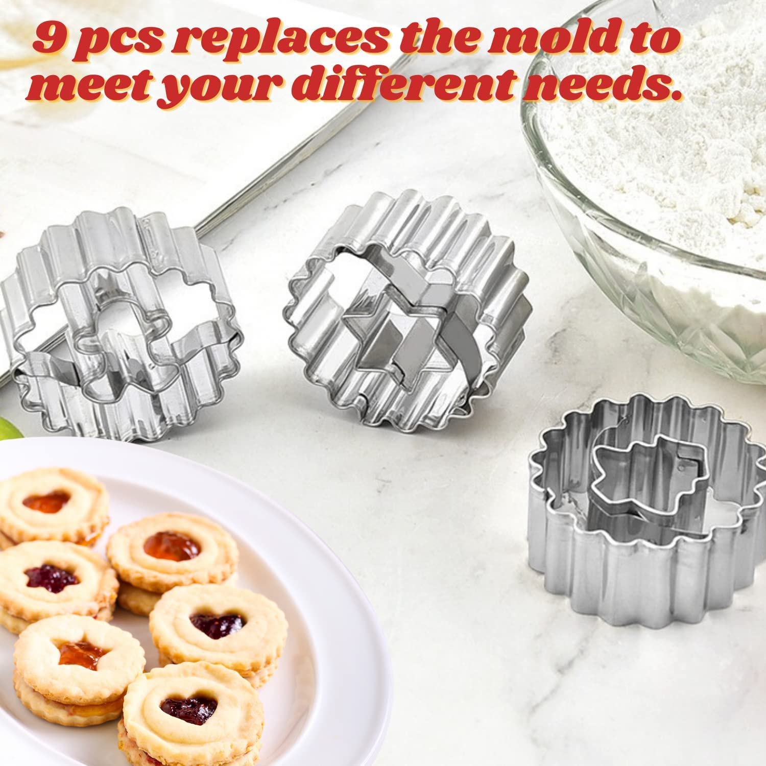 Crethinkaty 9 Pcs Mini Christmas Linzer Cookie Cutters Set, Christmas Stainless Steel Cookie Cutters, Christmas Tree, Gingerbread Man, Snowman, Elk - for Christmas Winter Holiday Baking