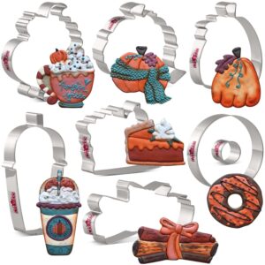 liliao fall/autumn cookie cutter set - 8 piece - pumpkin, pumpkin spice latte, pie slice, donuts, tall pumpkin and cinnamon - stainless steel - by janka