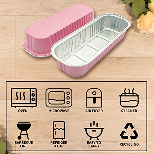 OYEL Mini Cake Pans With Lids 50 Pack, 6.8oz Disposable Rectangle Aluminum Foil Baking Pans,Aluminum Foil Long Baking Cups,cake Liners,Used for Cake Bakery Wedding Birthday Family Party - Pink