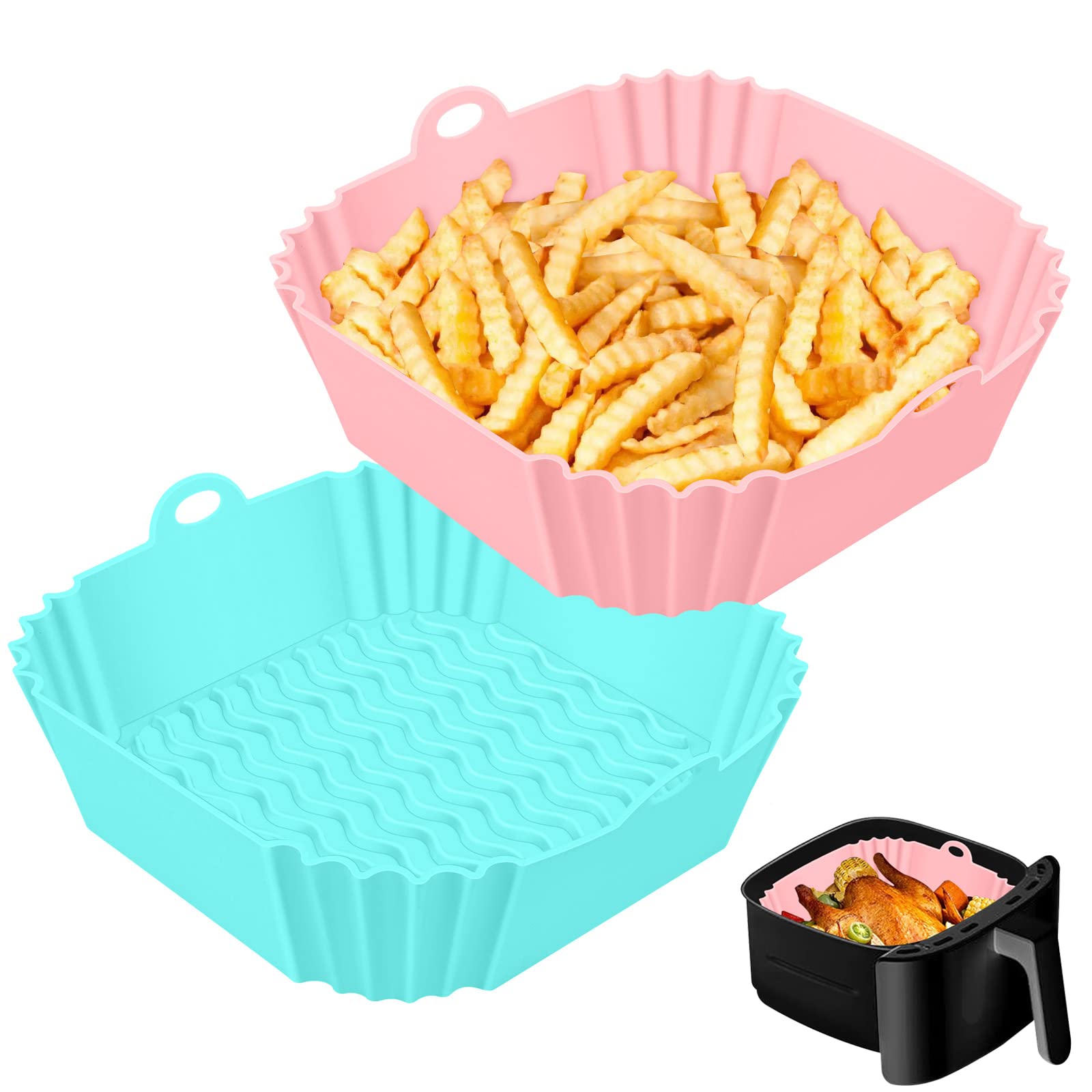 Air Fryer Silicone Pot, 2Pcs 8" Square Air Fryer Silicone Liners, Food Safe Non-Stick Air Fryers Oven Accessories, Reusable Replacement of Flammable Parchment Liner Paper for 4 To 7QT Air Fryer Square