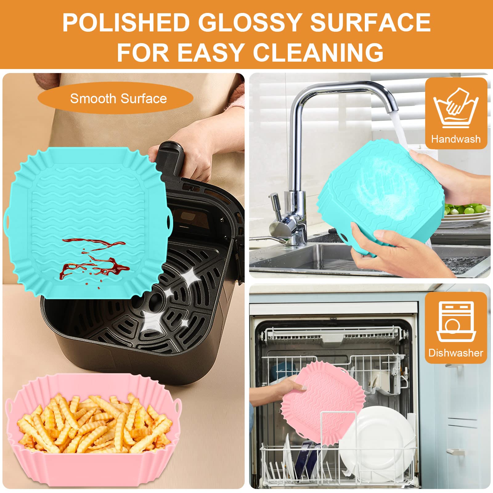 Air Fryer Silicone Pot, 2Pcs 8" Square Air Fryer Silicone Liners, Food Safe Non-Stick Air Fryers Oven Accessories, Reusable Replacement of Flammable Parchment Liner Paper for 4 To 7QT Air Fryer Square