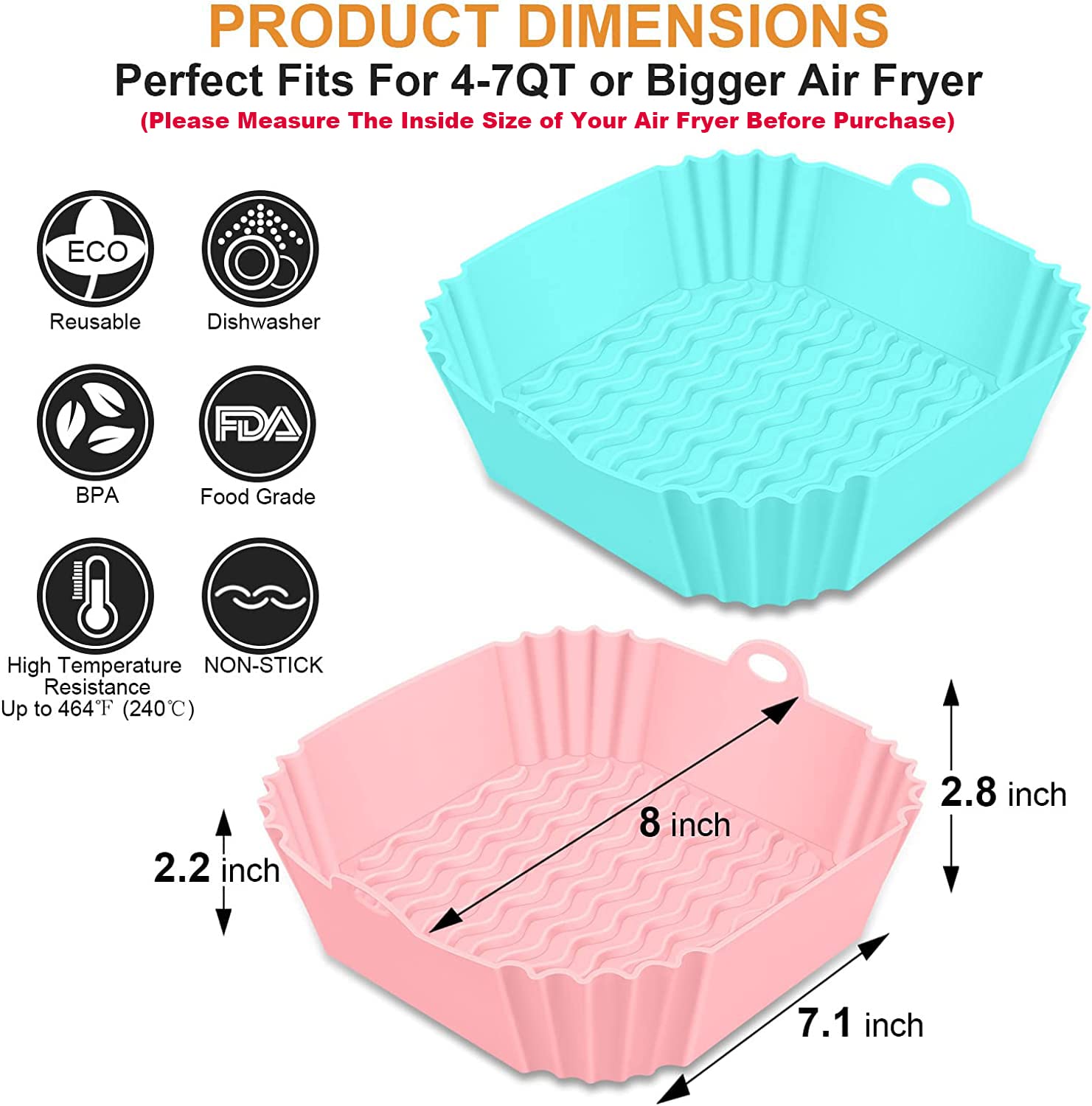 Air Fryer Silicone Pot, 2Pcs 8" Square Air Fryer Silicone Liners, Food Safe Non-Stick Air Fryers Oven Accessories, Reusable Replacement of Flammable Parchment Liner Paper for 4 To 7QT Air Fryer Square