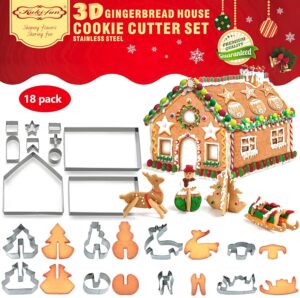 3d christmas house cookie cutter set, gingerbread house cutters kit, festive xmas stainless steel biscuit cutter set, including christmas tree, snowman, reindeer, sled shapes, gift box package(18pcs)