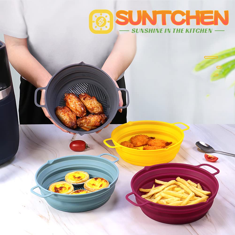 Suntchen 2-Pack Foldable, Reusable Silicone Air Fryer Liners - 7.5in Heat Resistant Liners for 3-5QT Air Fryer Baskets - Grey/Blue - Replacement for Parchment Paper