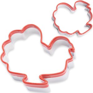 cookieque 2pcs turkey cookie cutters 4.5" 3.5", food-grade stainless steel fall thanksgiving cookie cutter set, biscuit cutter set, holiday cookie cutters, unique design with protective red top pvc